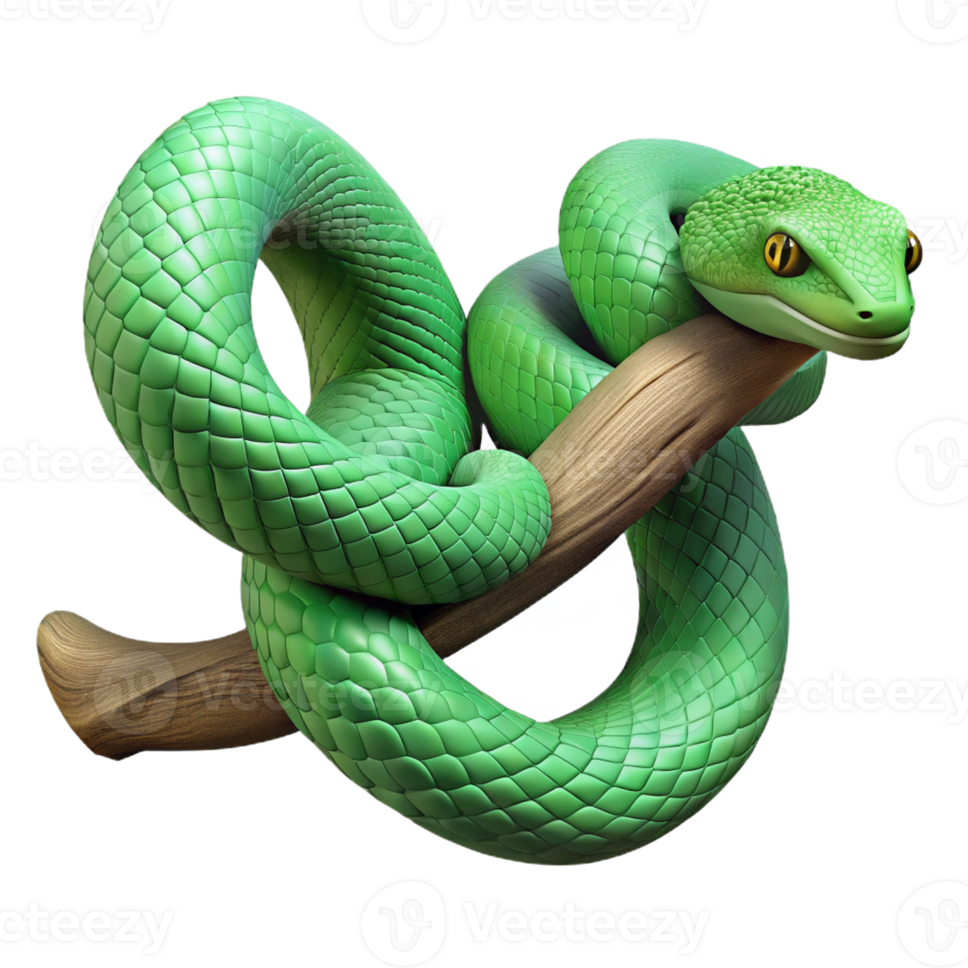 vibrant abstract A slithering green snake wrapped around a tree branch ...