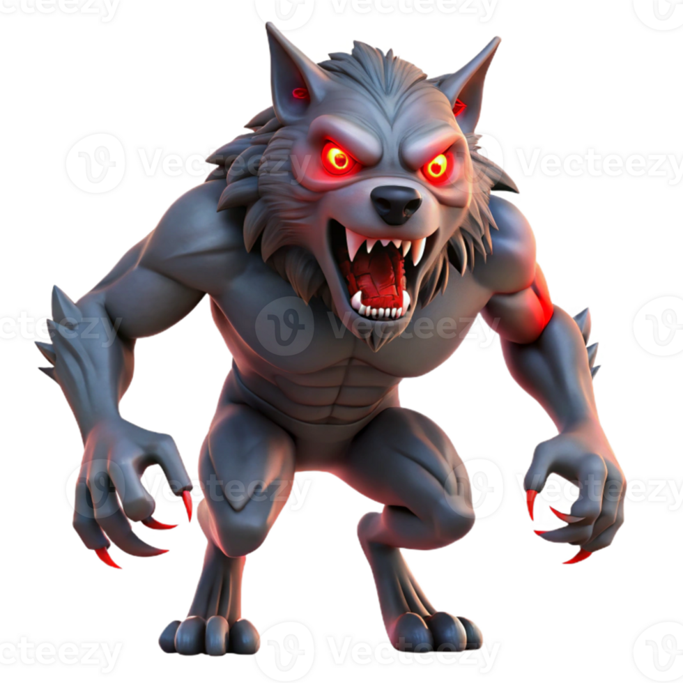 serene rustic A fearsome werewolf with glowing red eyes and sharp claws, howling at the moon ...