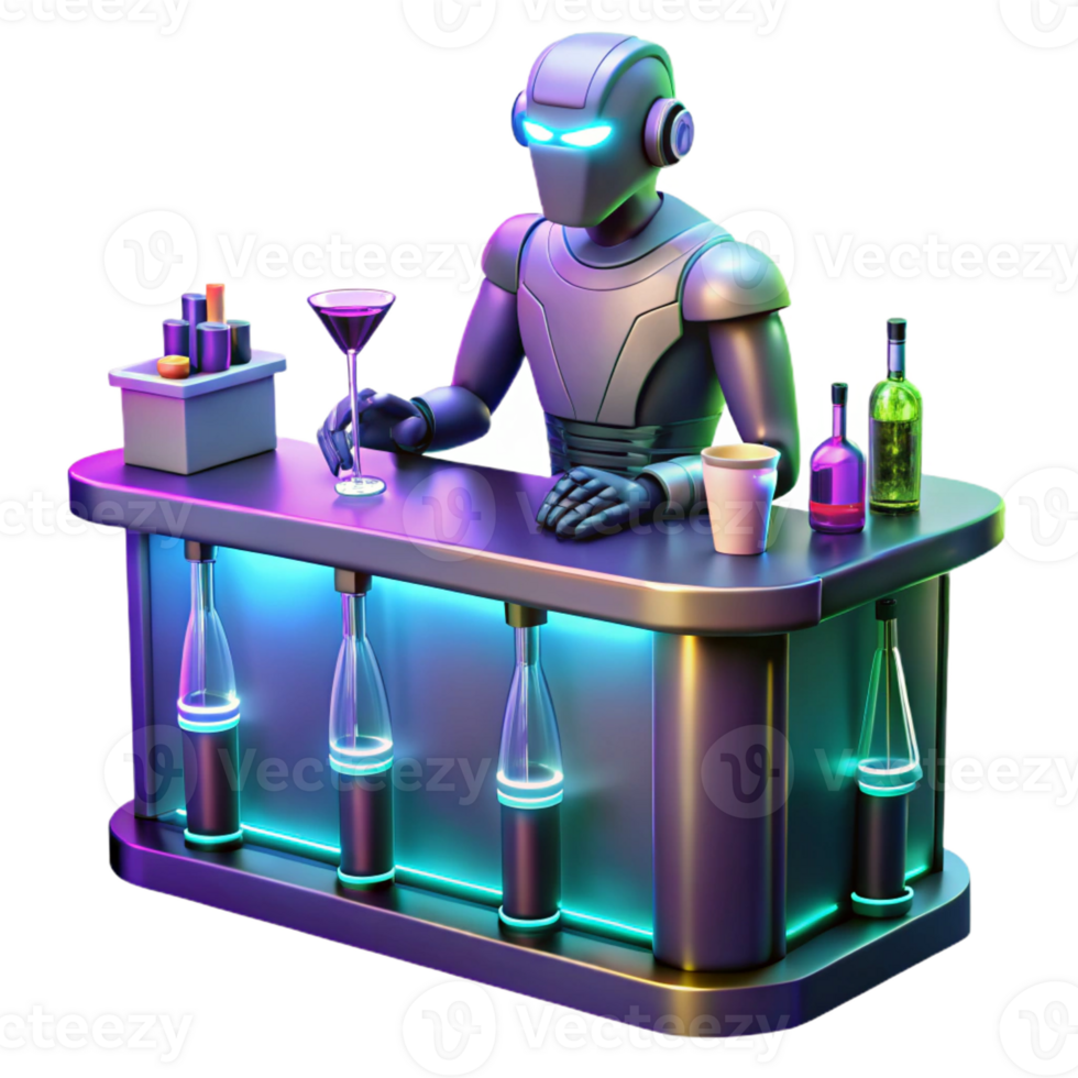 beautiful contemporary A robotic bartender serving drinks in a futuristic bar, neon signs and ...