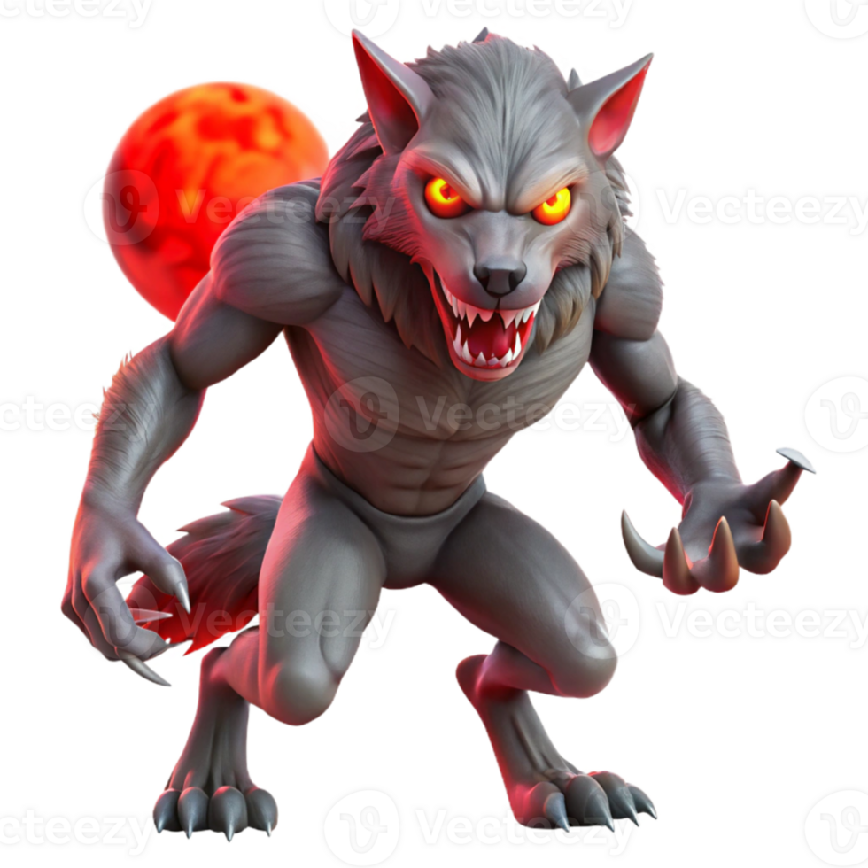 extraordinary modern A fearsome werewolf with glowing red eyes and sharp claws, howling at the ...