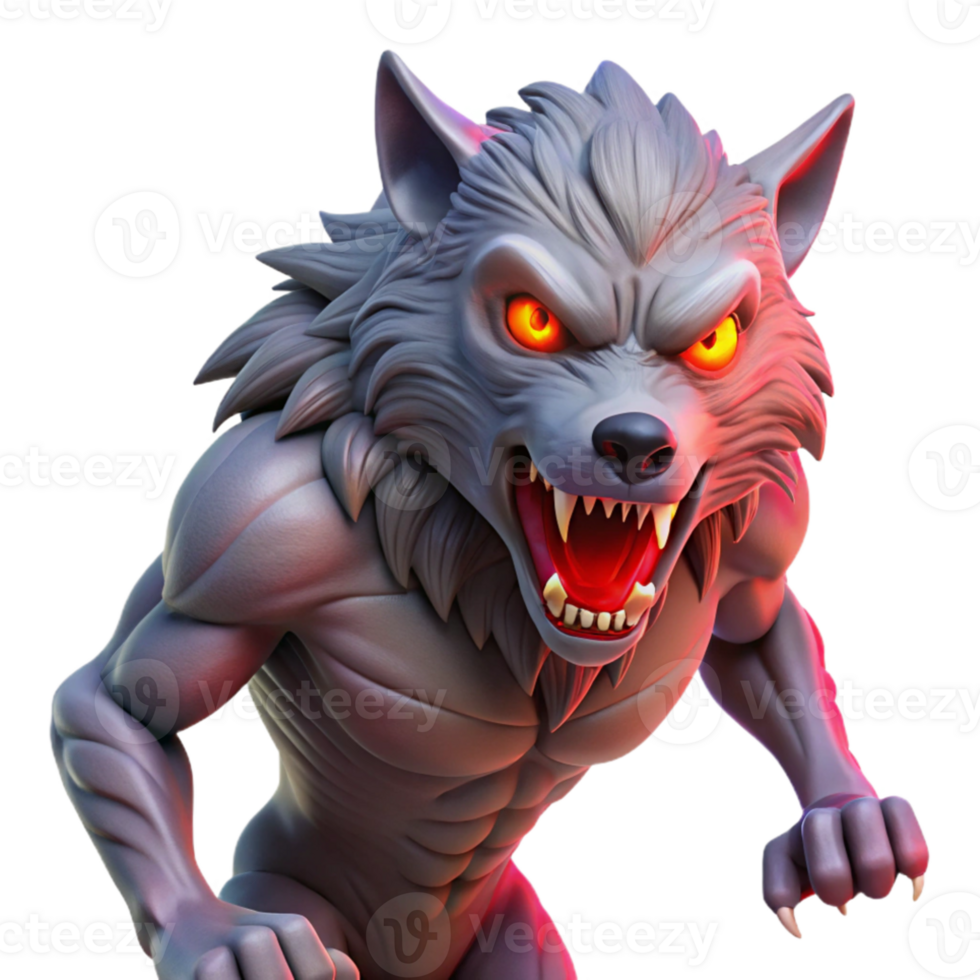 magnificent minimalist A fearsome werewolf with glowing red eyes and sharp claws, howling at the ...
