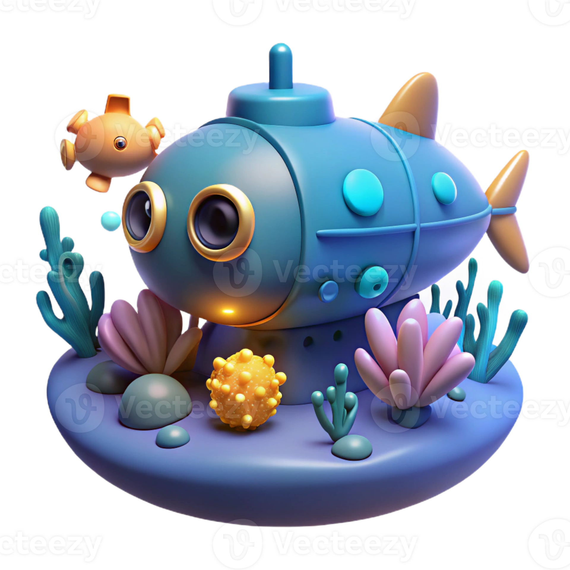 beautiful vintage A cartoon submarine exploring the ocean depths, bioluminescent creatures and ...