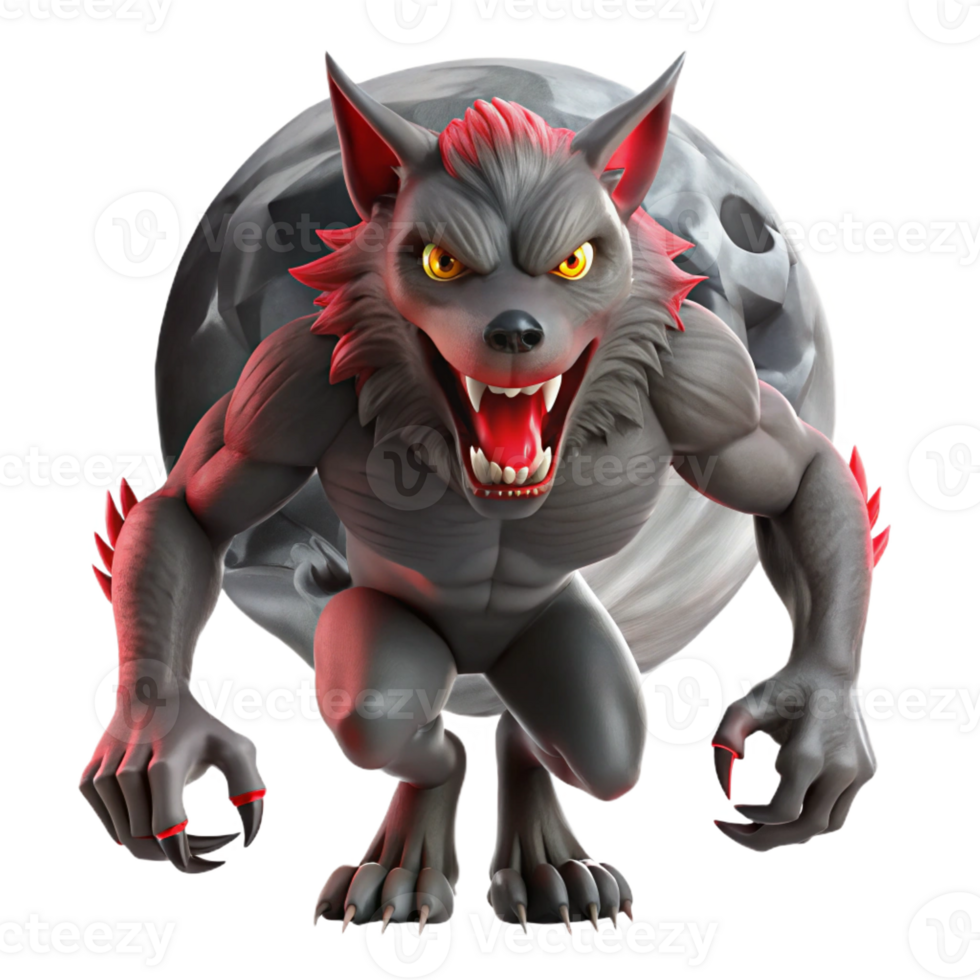 vibrant traditional A fierce werewolf with glowing red eyes and sharp claws, transforming under ...