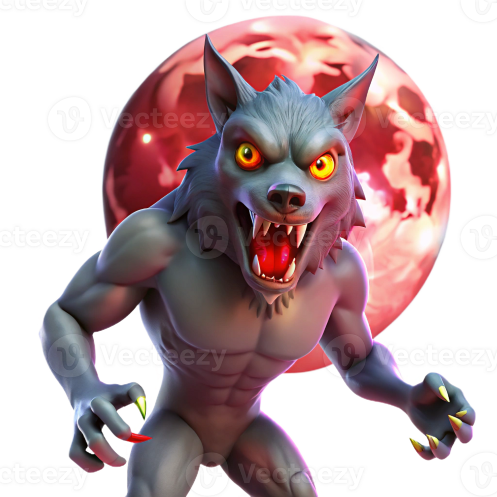 stunning traditional A fearsome werewolf with glowing red eyes and sharp claws, howling at the ...