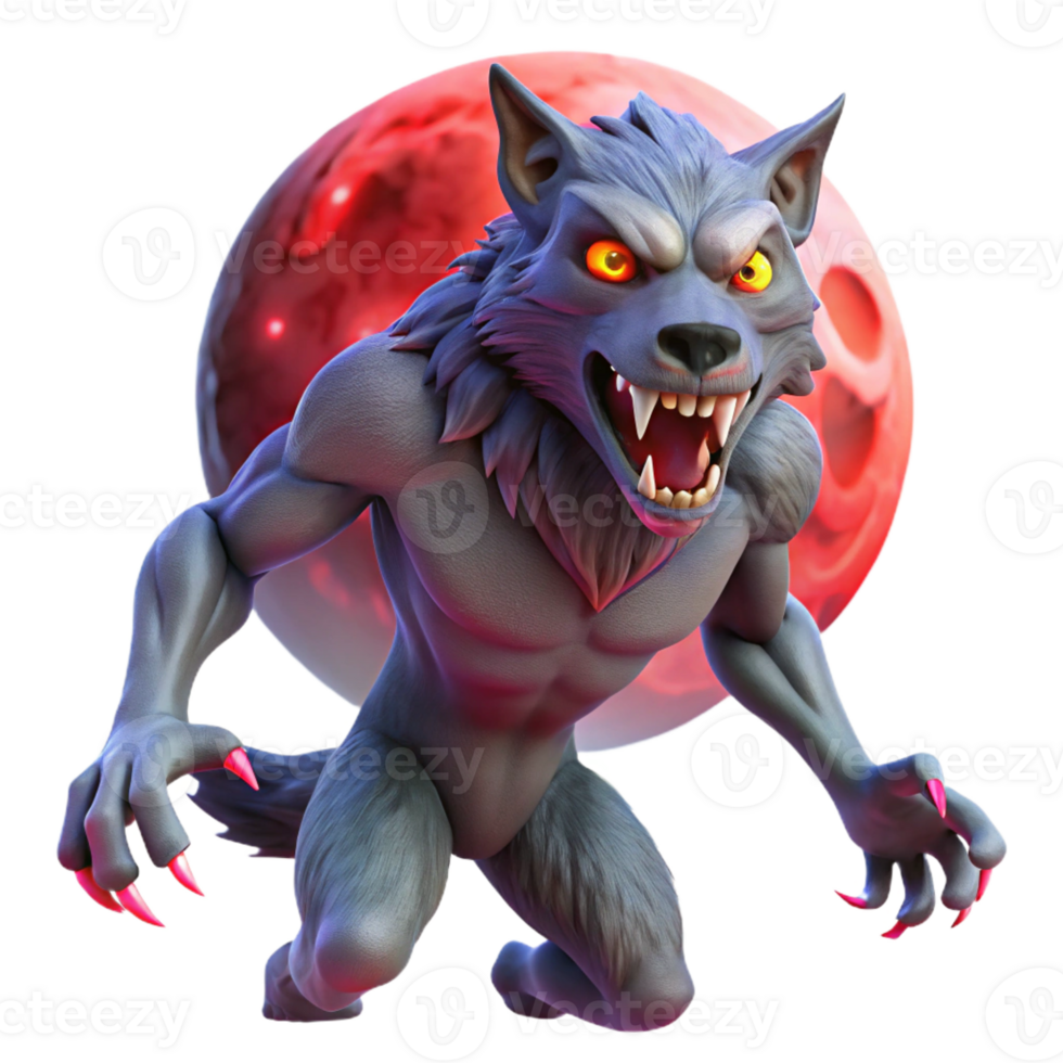 stunning modern A fearsome werewolf with glowing red eyes and sharp claws, howling at the moon ...