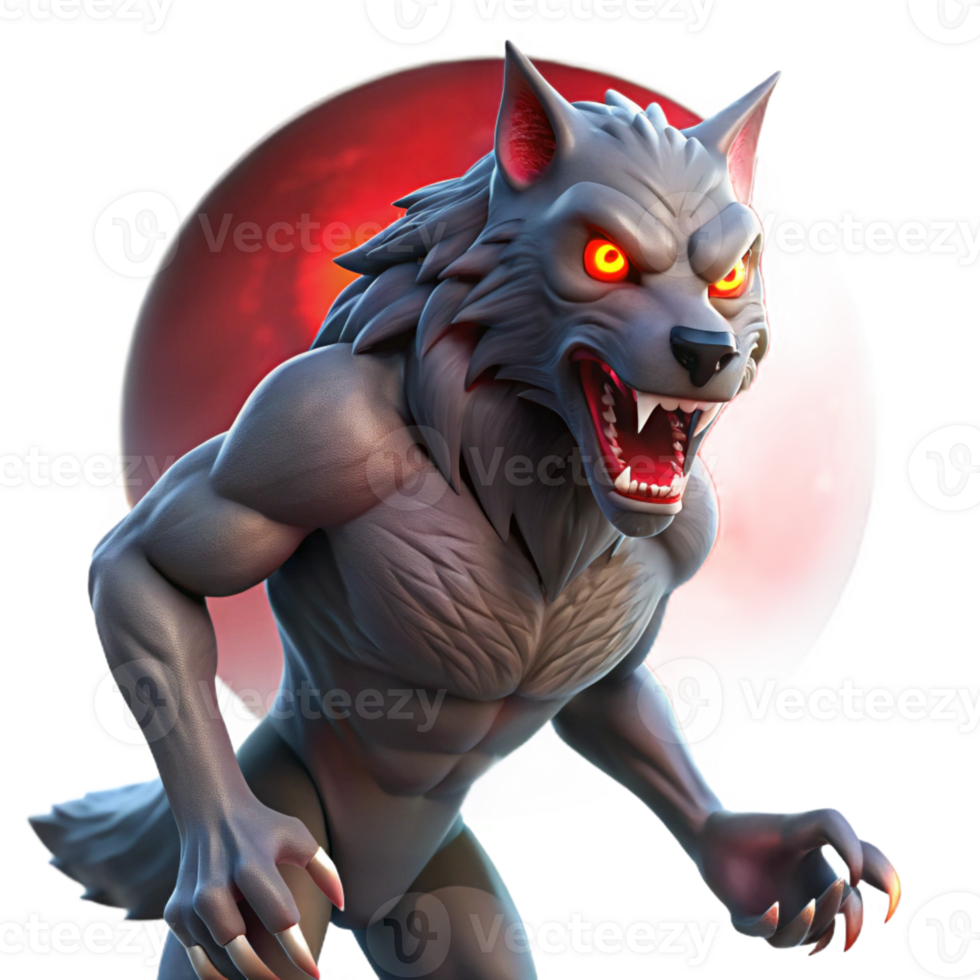 stunning modern A fearsome werewolf with glowing red eyes and sharp claws, howling at the moon ...