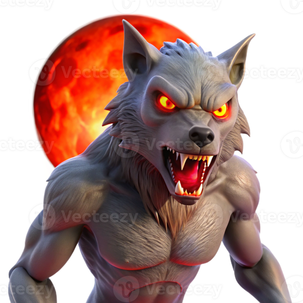 serene traditional A fearsome werewolf with glowing red eyes and sharp claws, howling at the ...