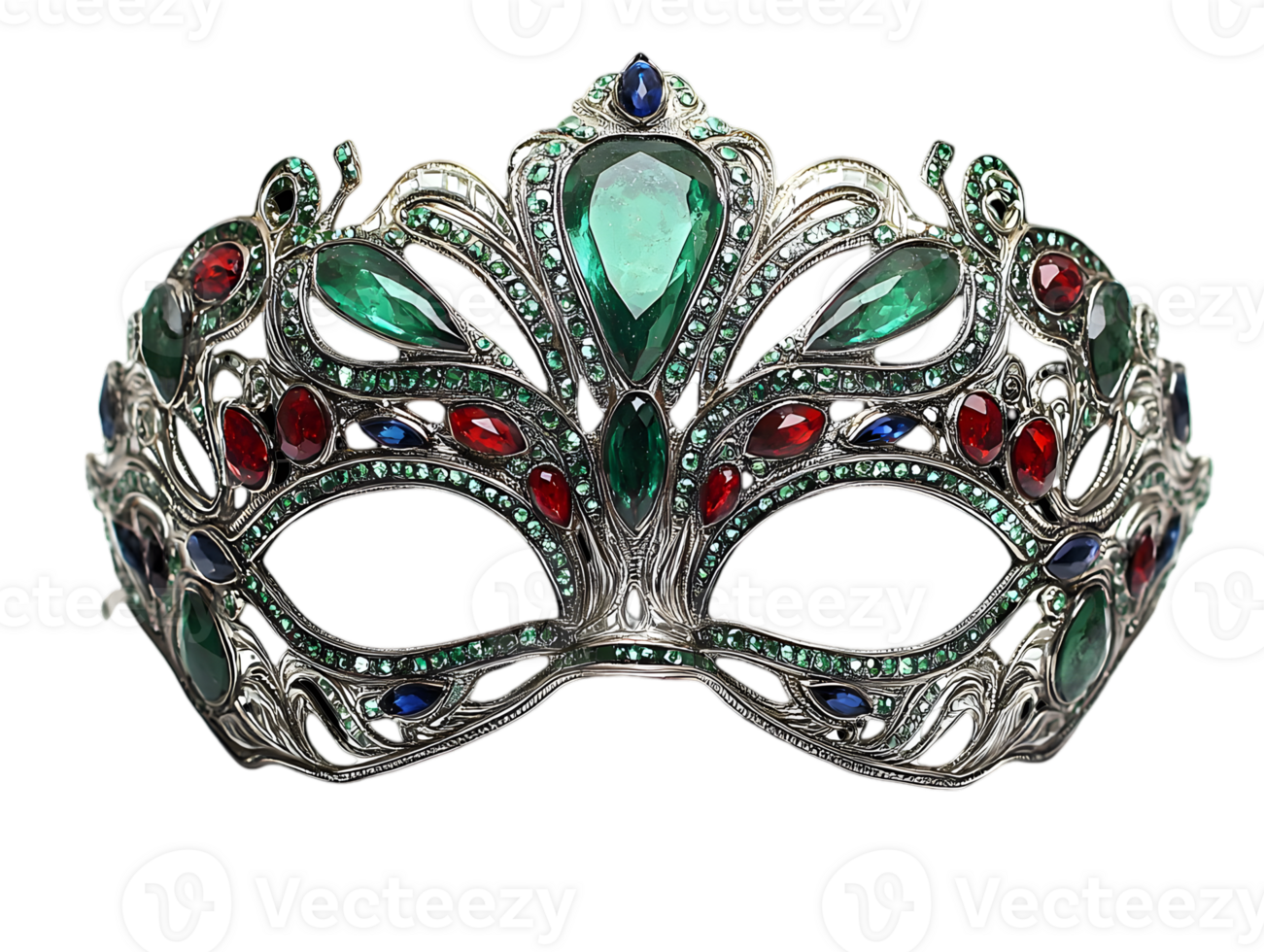 Ornate Silver Masquerade Mask Adorned with Emerald Ruby and Sapphire Jewels on a Transparent ...