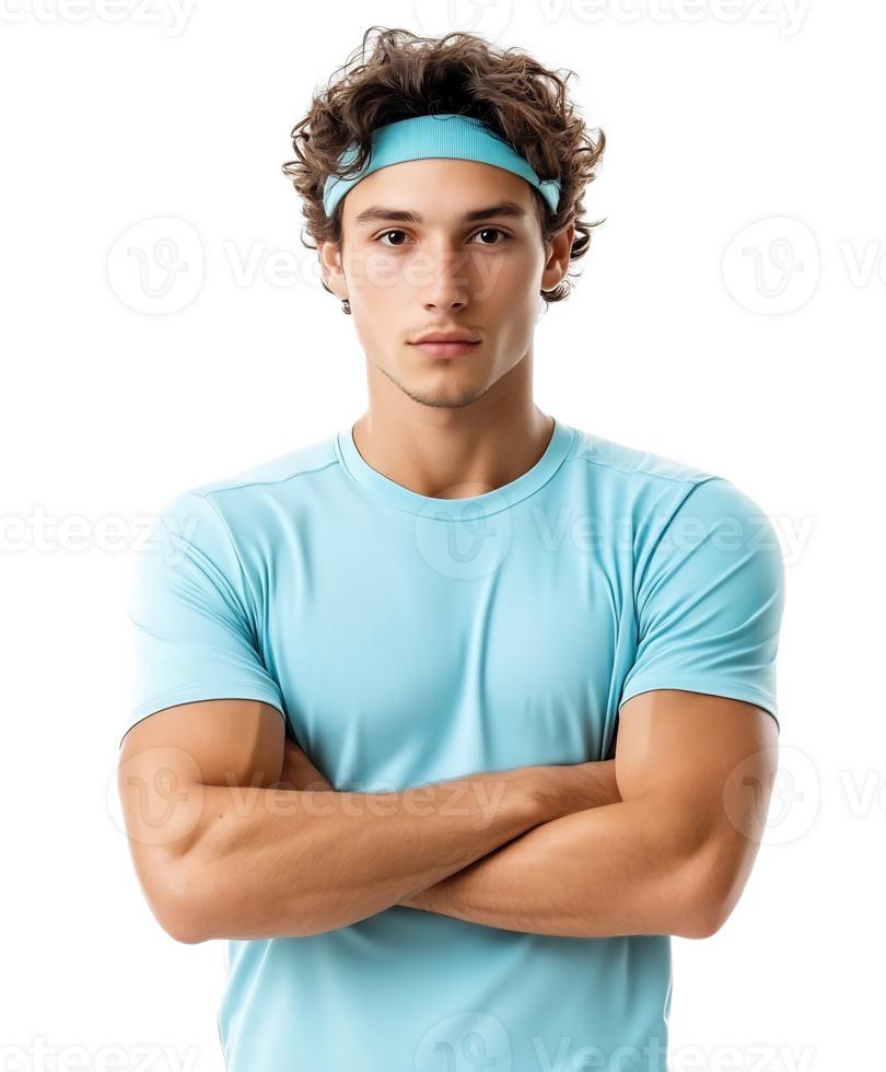 Confident Young Male Athlete with Curly Hair in Blue Activewear Shirt ...
