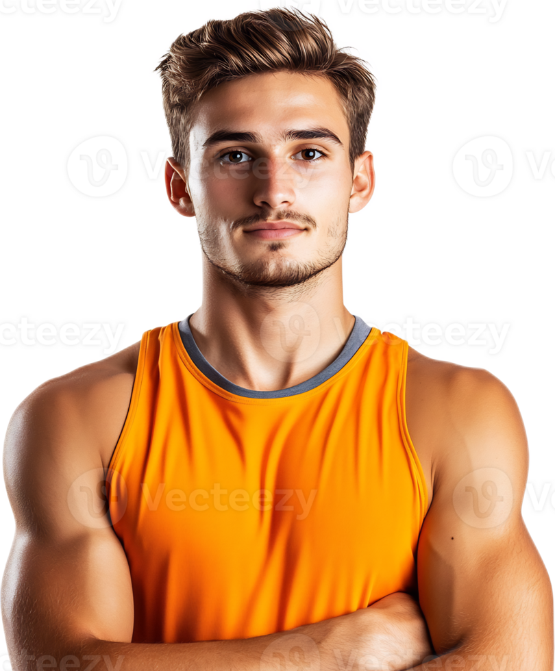 Confident young athletic man with smooth skin in casual workout attire ...