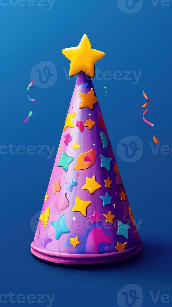 Colorful party hat with stars and confetti on a blue background ready ...