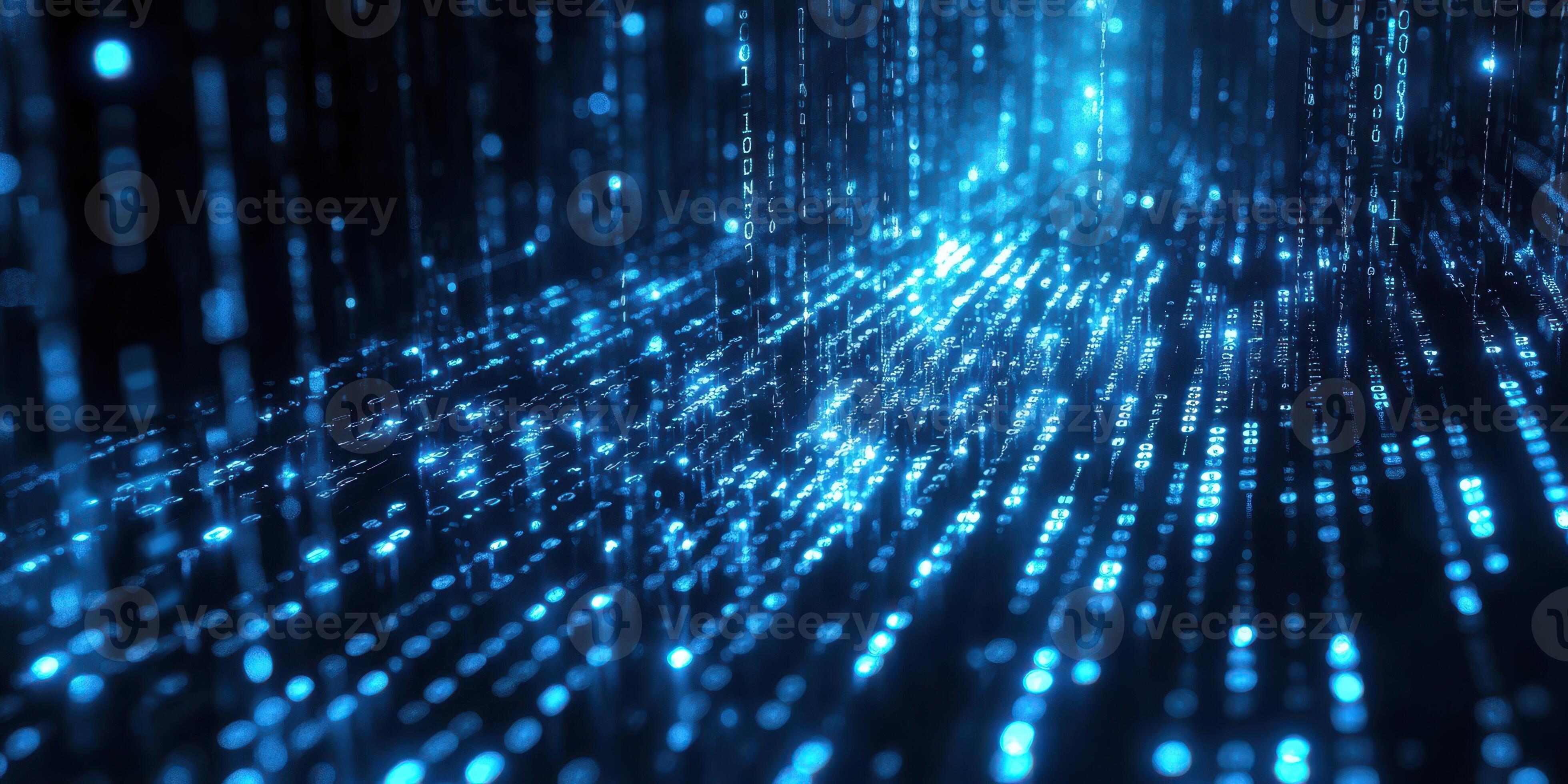 Digital landscape filled with glowing blue binary code streams flowing in a futuristic ...