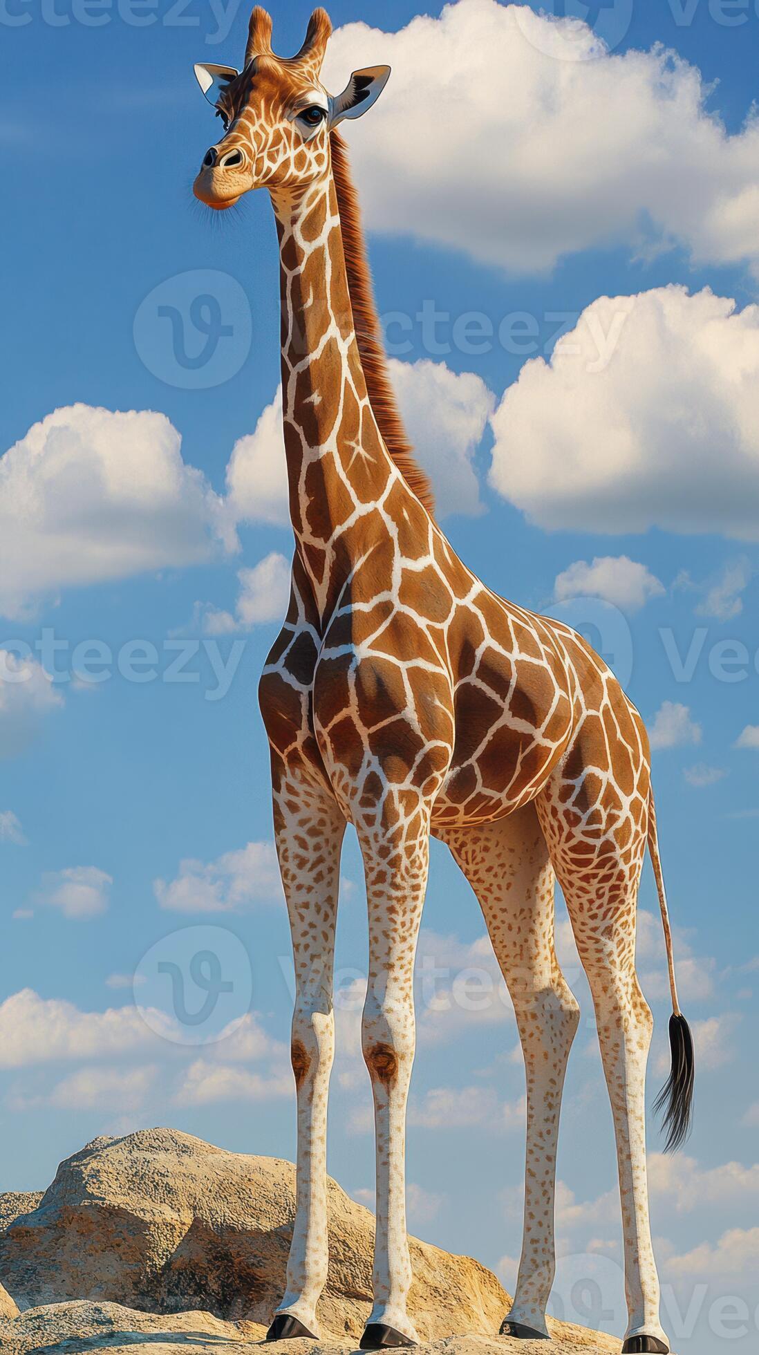 Giraffe standing majestically on rocks under a bright blue sky with clouds in a serene landscape ...