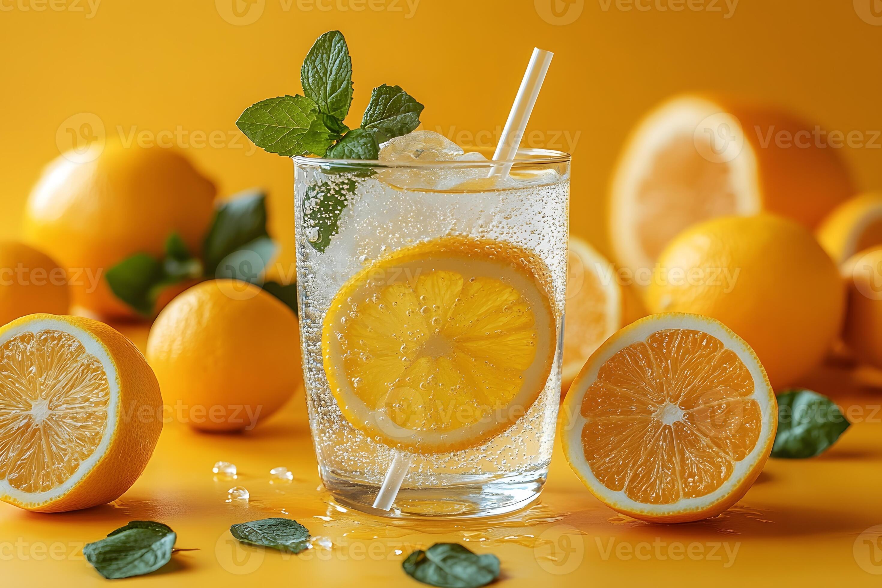 Refreshing Citrus Beverage with Lemons and Mint Leaves on Vibrant Yellow Background 58295154 ...