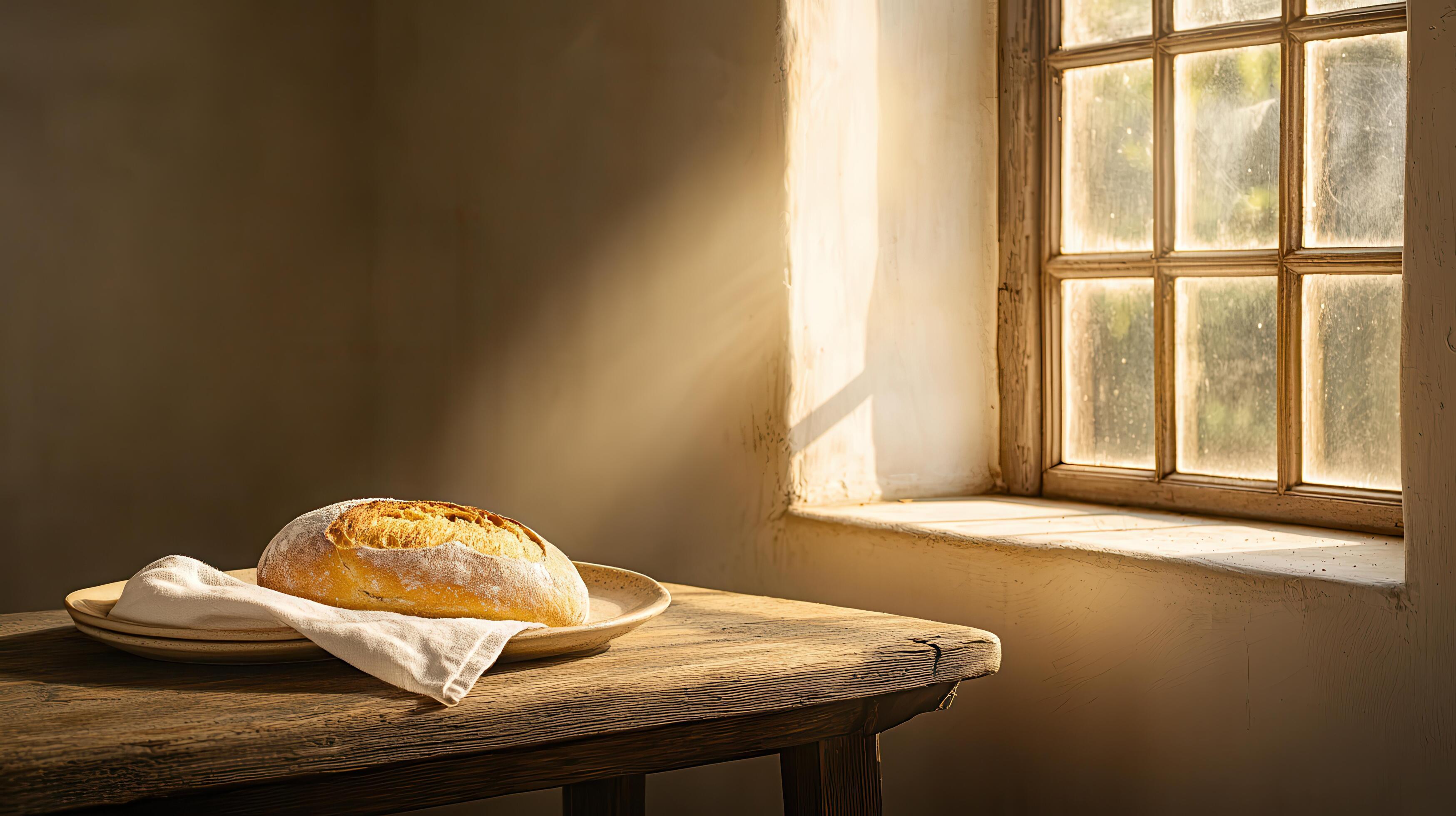 Rustic Loaf of Bread on Wooden Table by Sunlit Window Still Life 58299637 Stock Photo at Vecteezy