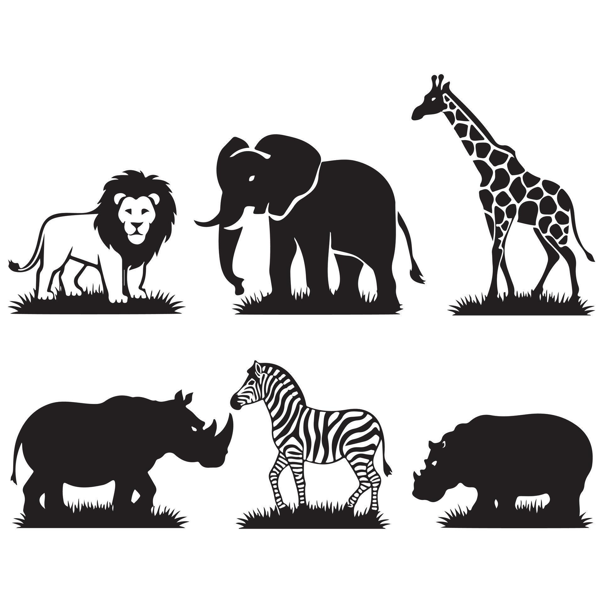 A striking set of African wildlife silhouettes, showcasing elephants ...