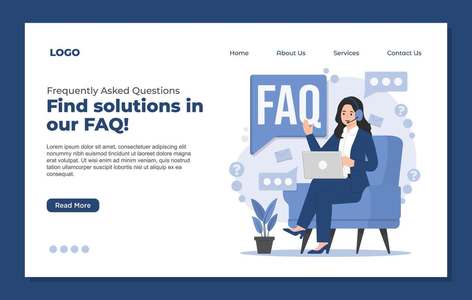 Flat landing page design template for website FAQ question and answer ...
