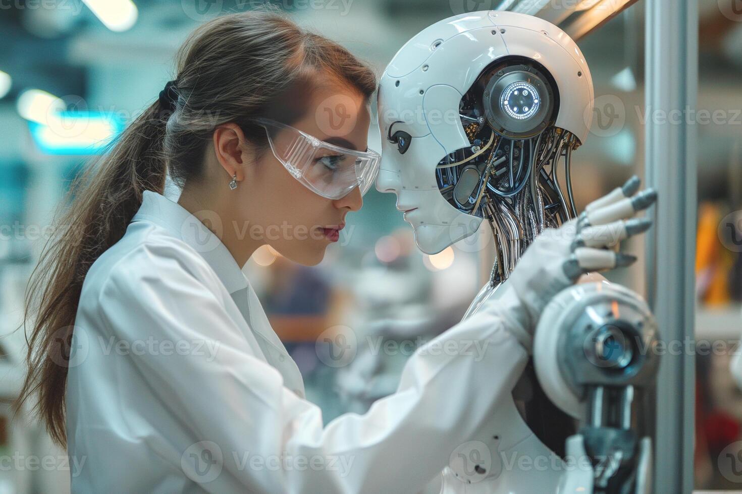 A focused female scientist interacts closely with a humanoid robot in a modern lab setting ...