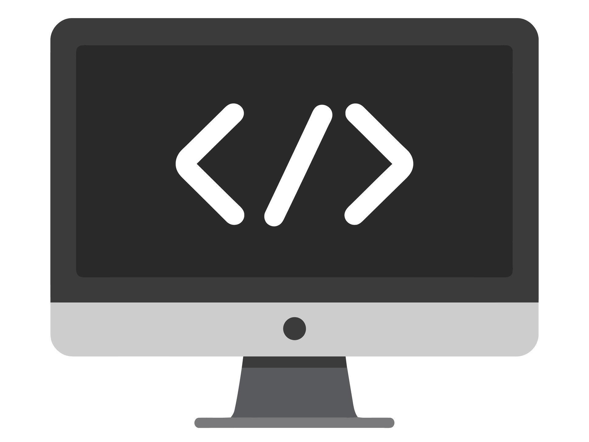 Flat Design Illustration Of Computer Monitor Displaying Code Symbols Ideal For Web Development