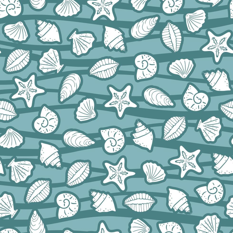 Hand drawn sea shells seamless pattern. Summer marine print design with seashells sketch ...