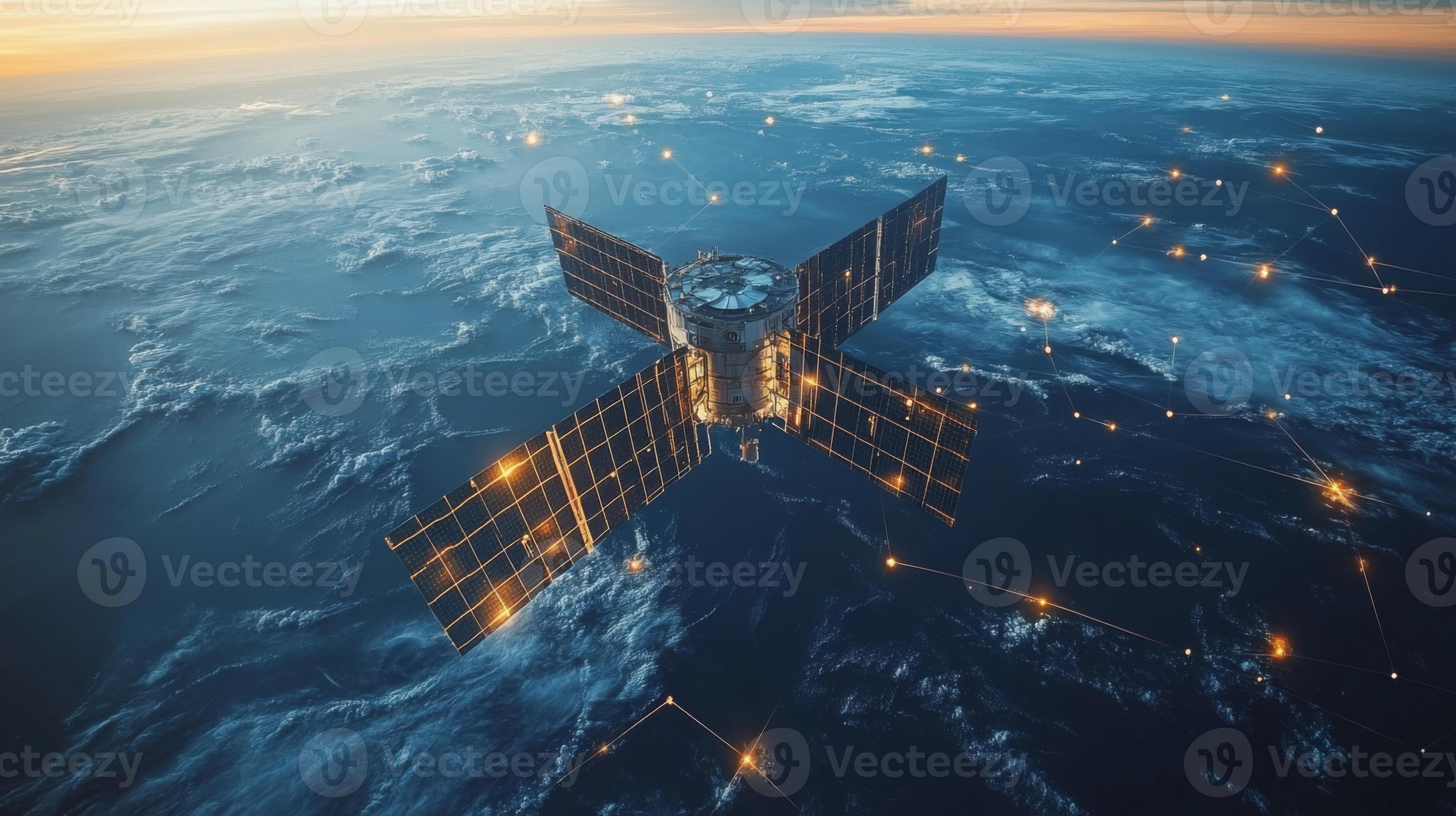 A satellite orbits Earth, transmitting vital telemetry signals for GPS ...