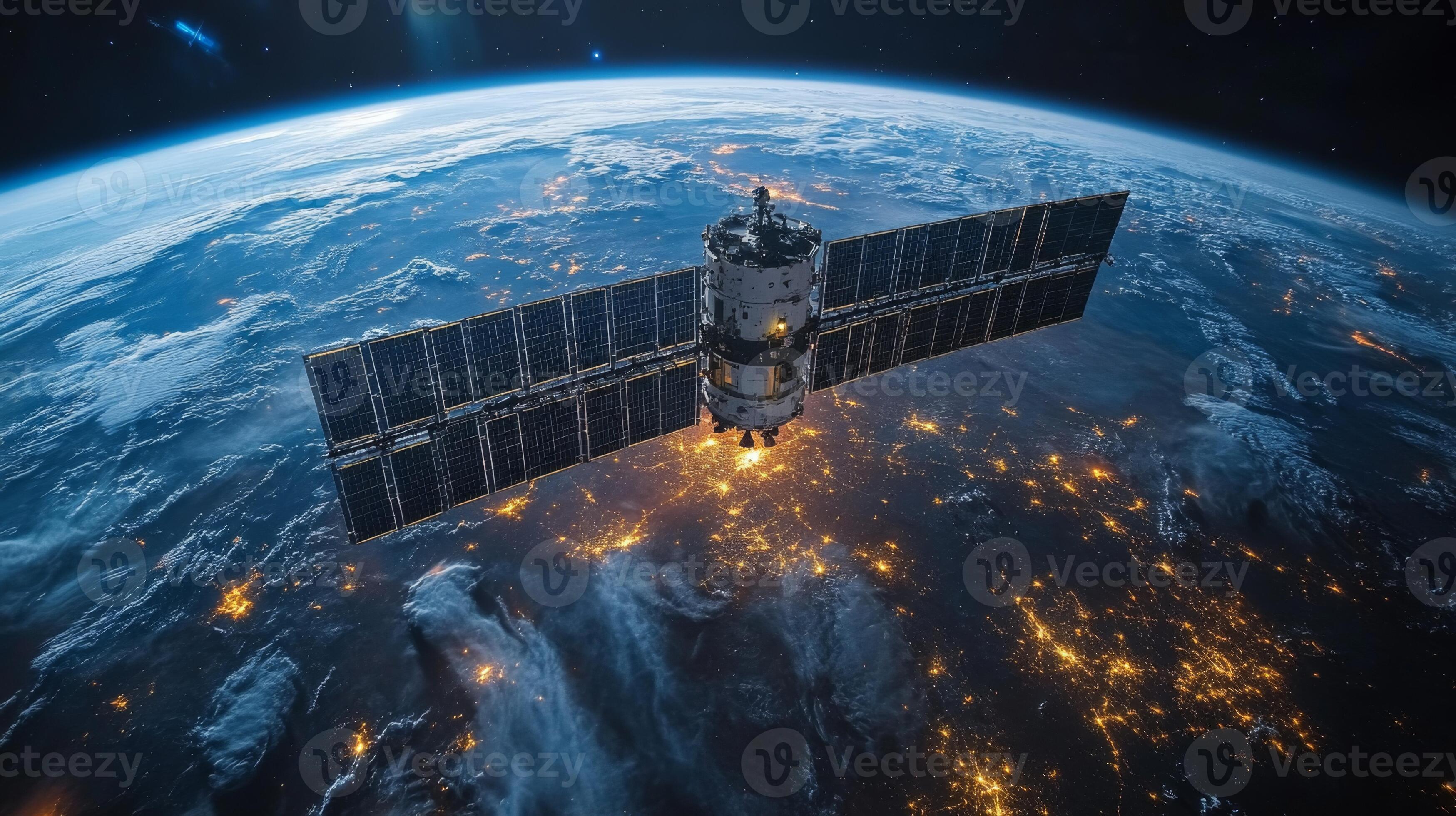 A Satellite Is Positioned In Orbit Around Earth Facilitating Gps And Gnss Services While
