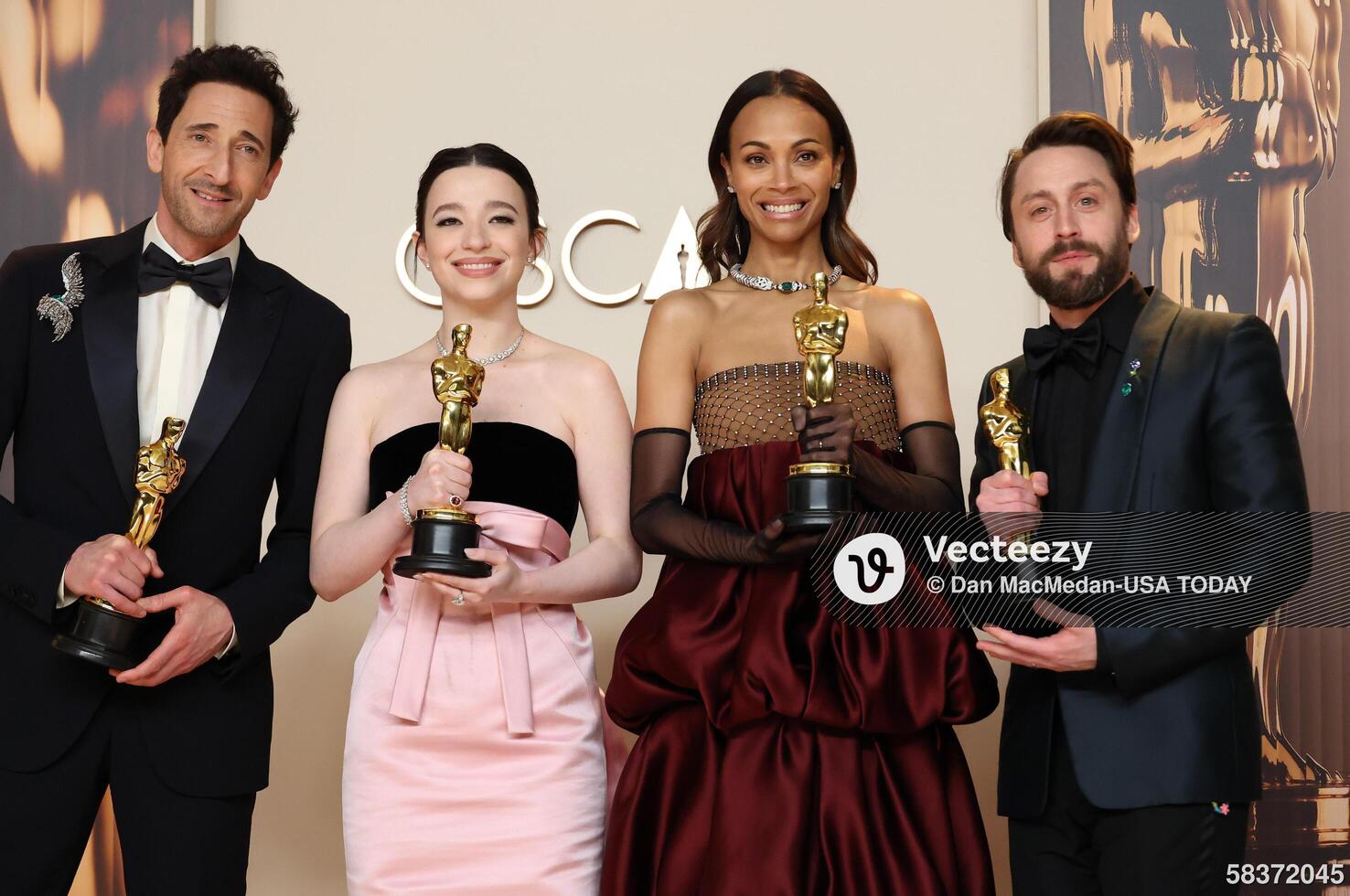 (L-R) Adrien Brody, Mikey Madison, Zoe Saldana and Kieran Culkin at the 97th Oscars at the Dolby ...