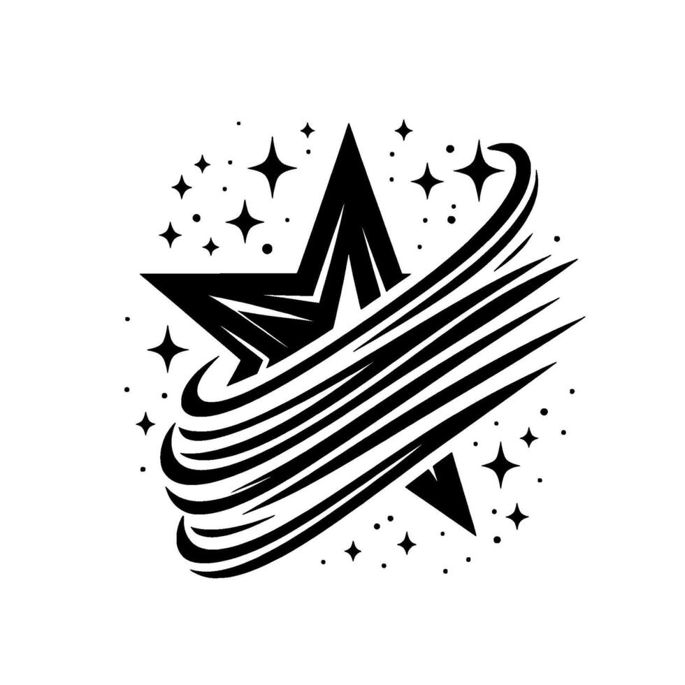 Black And White Starburst Dynamic Star With Swirling Lines And Sparkles On A White Background