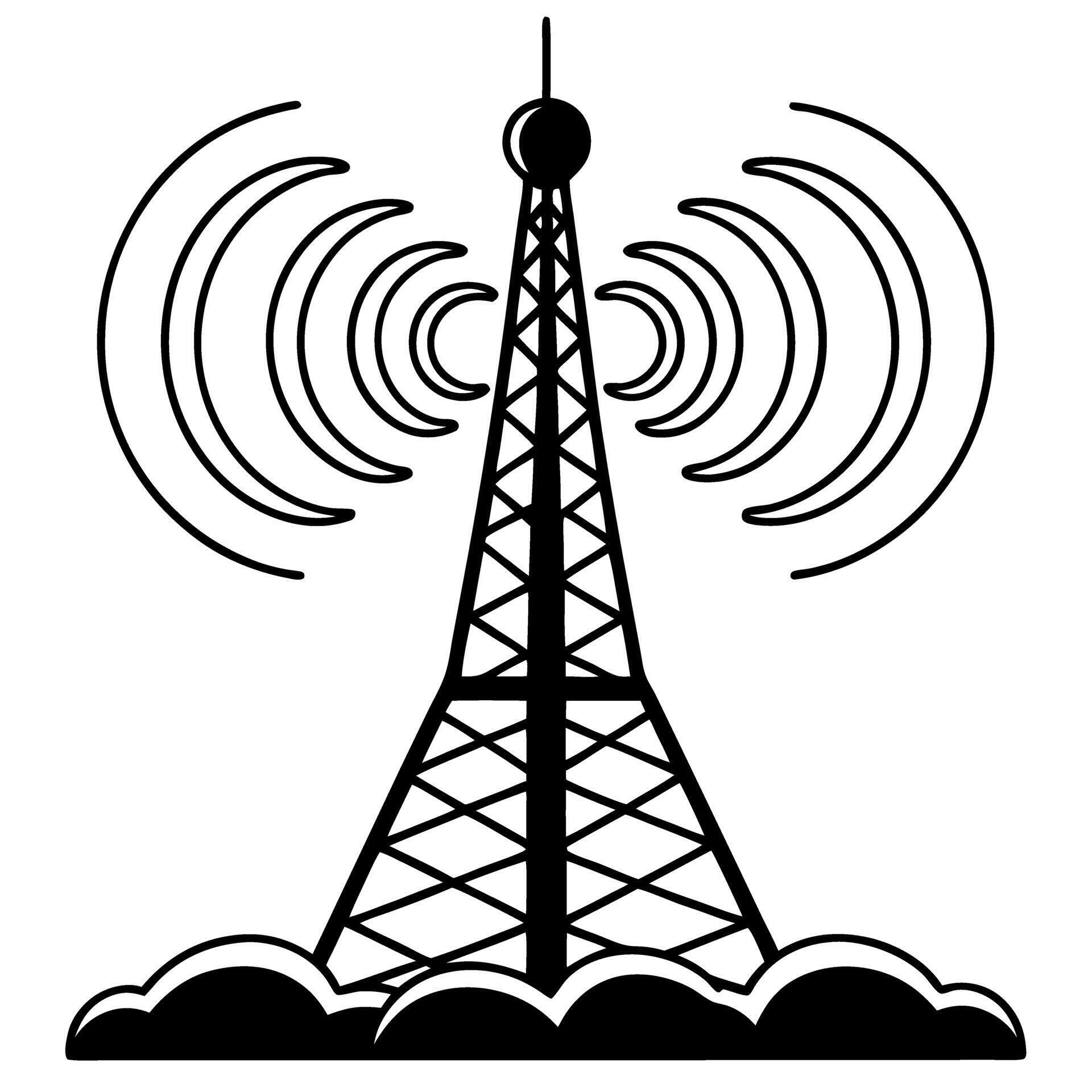 Wireless communication tower transmitting signals silhouette with waves and antenna symbol ...