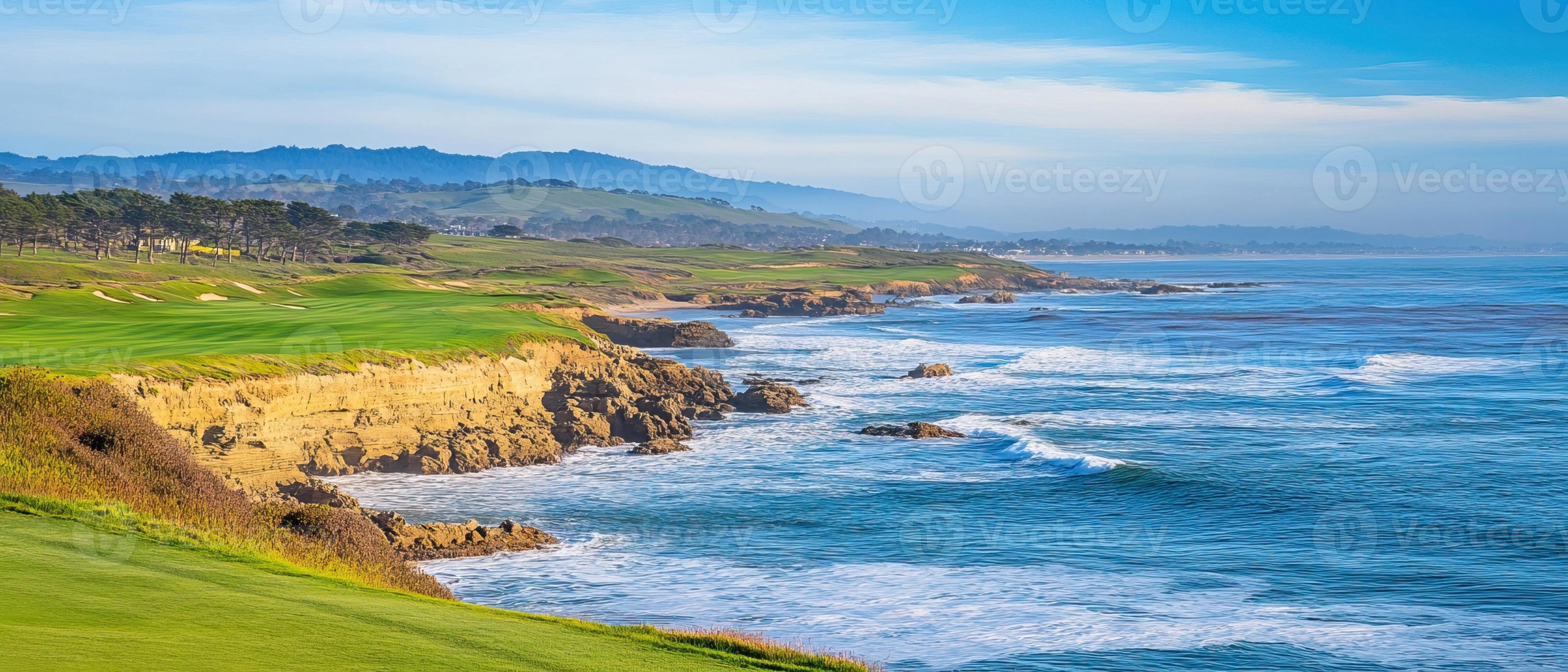 Coastal golf course, ocean waves, scenic cliffs, travel brochure 58413520 Stock Photo at Vecteezy