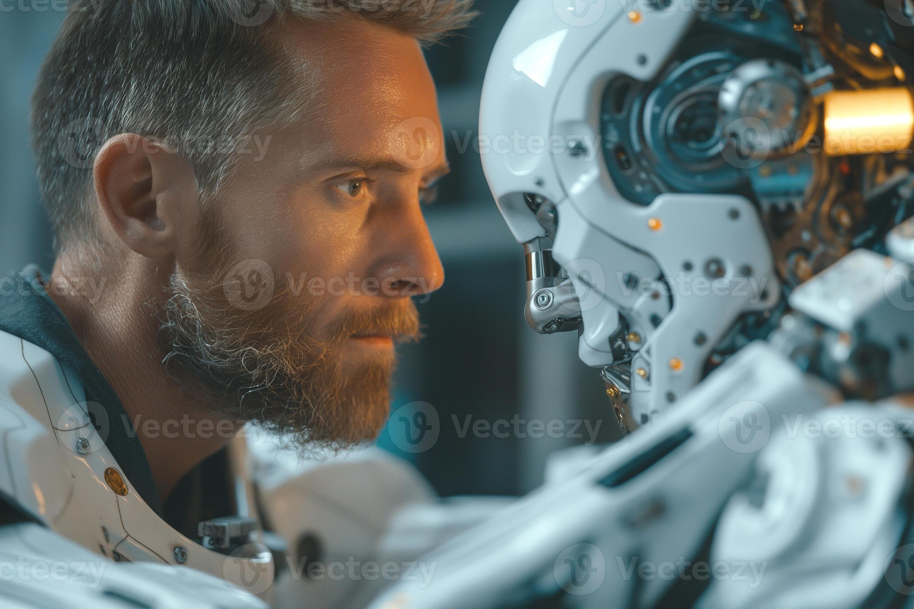 A Man With A Beard Gazes Intently At A Futuristic Robot Exploring The Connection Between Human