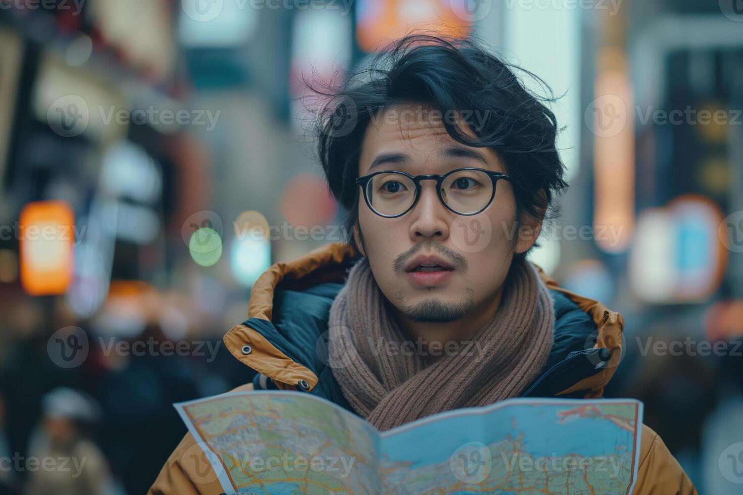 Pensive Asian male traveler explores the city streets, holding a map amidst vibrant urban ...