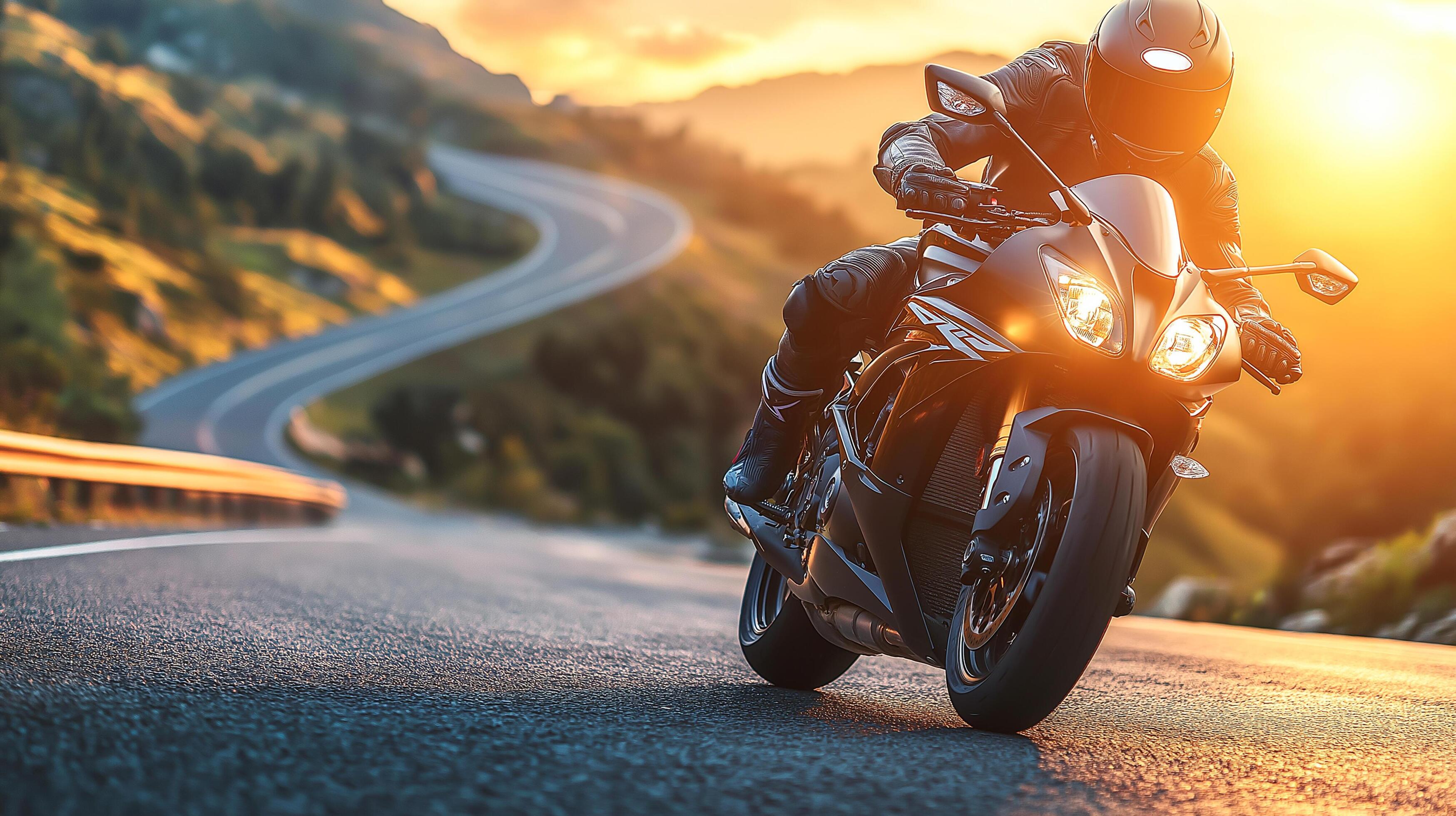 A motorcyclist in full gear rides a sportbike on a winding road at sunset, leaning into the ...
