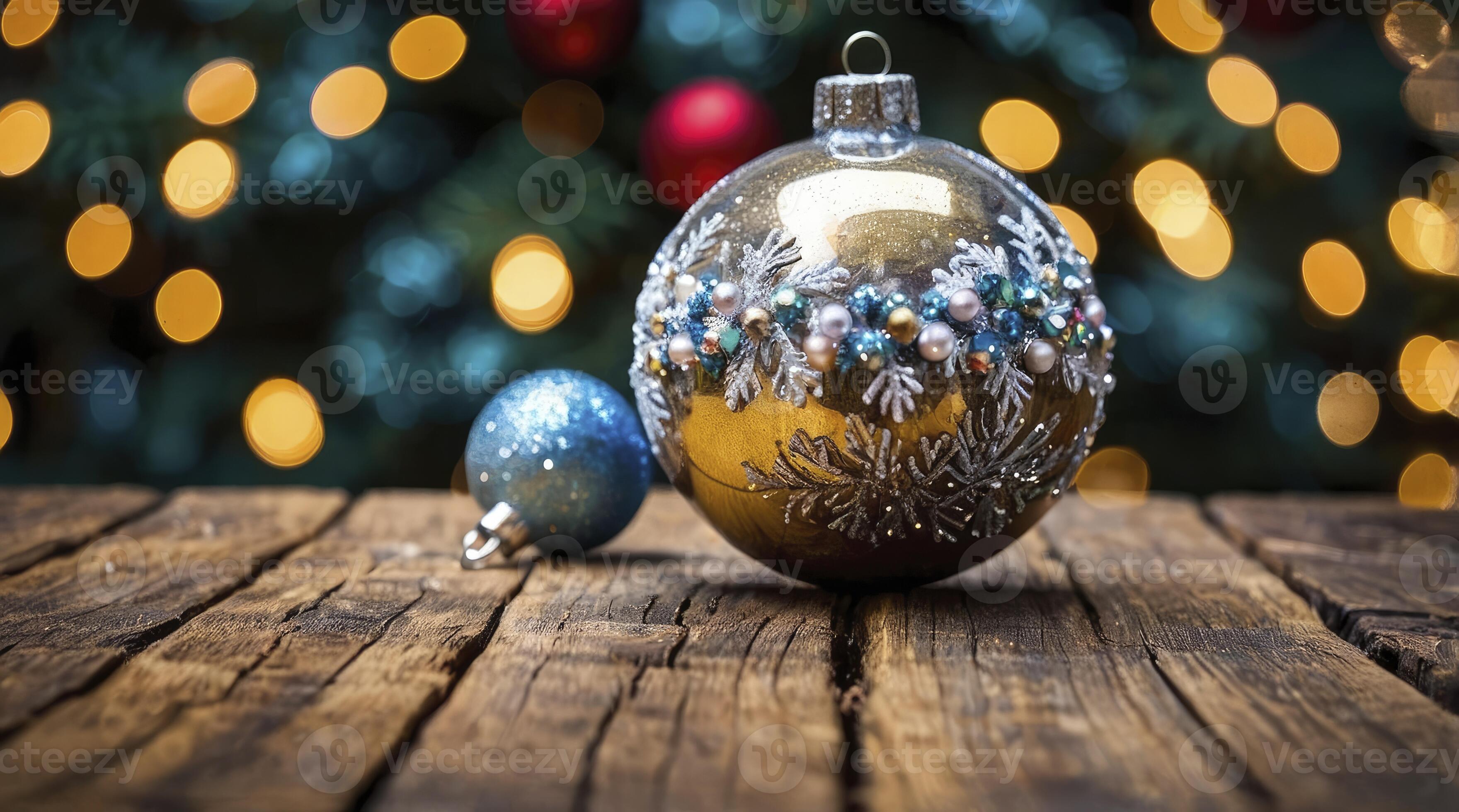 Festive Christmas Ornaments on Rustic Wooden Surface with Bokeh Background 58517864 Stock Photo ...