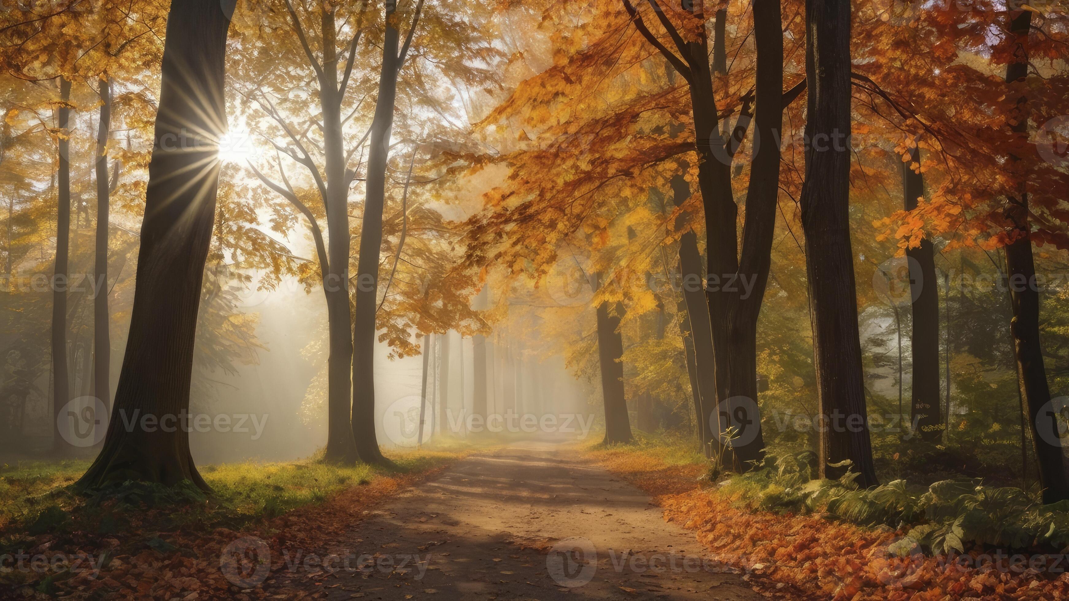 Walking Path Through Autumn Forest with Sunlight Streaming Through Trees 58520008 Stock Photo at ...