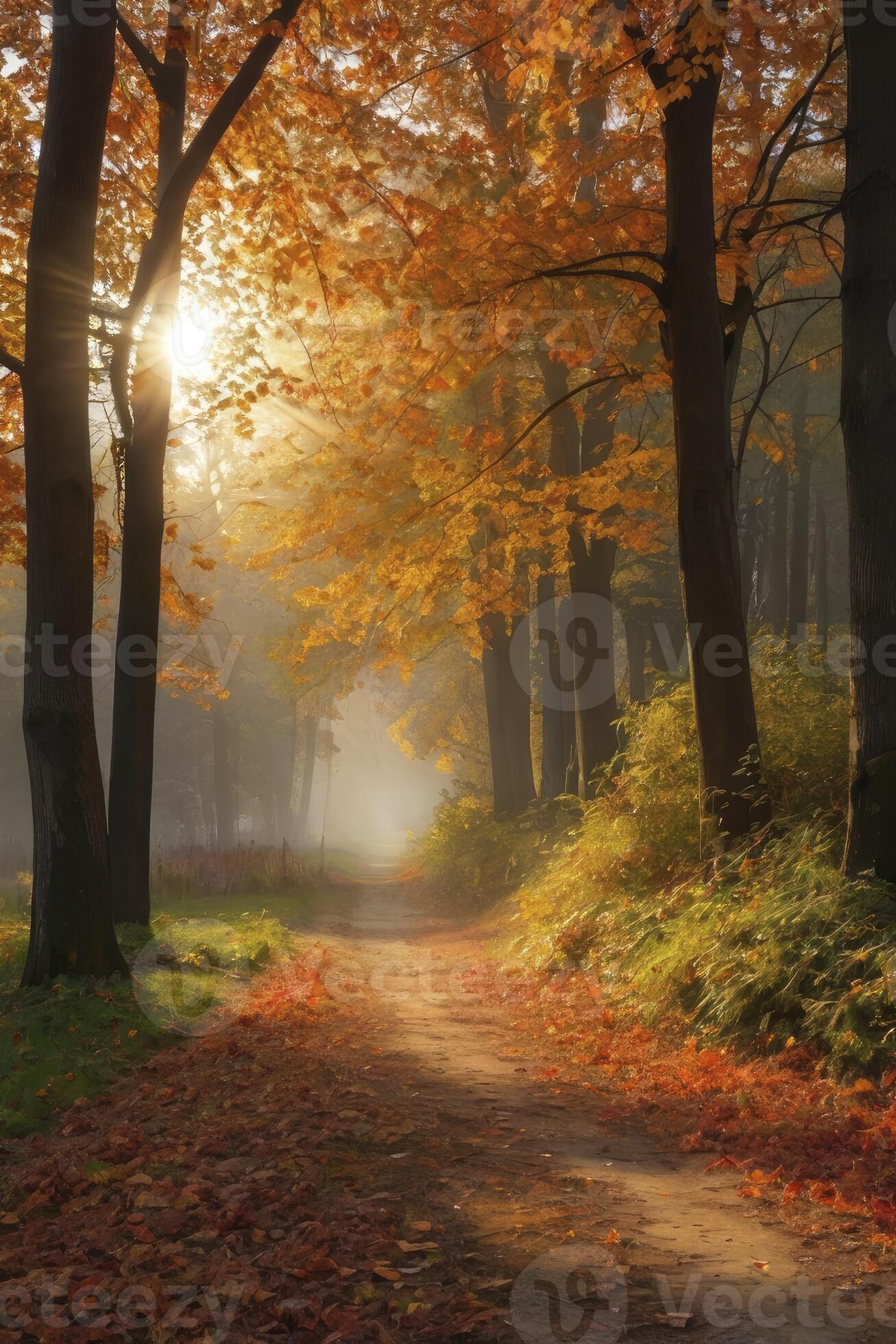 Walking on Autumn Path Through a Forest with Golden Leaves and Sunlight 58520068 Stock Photo at ...