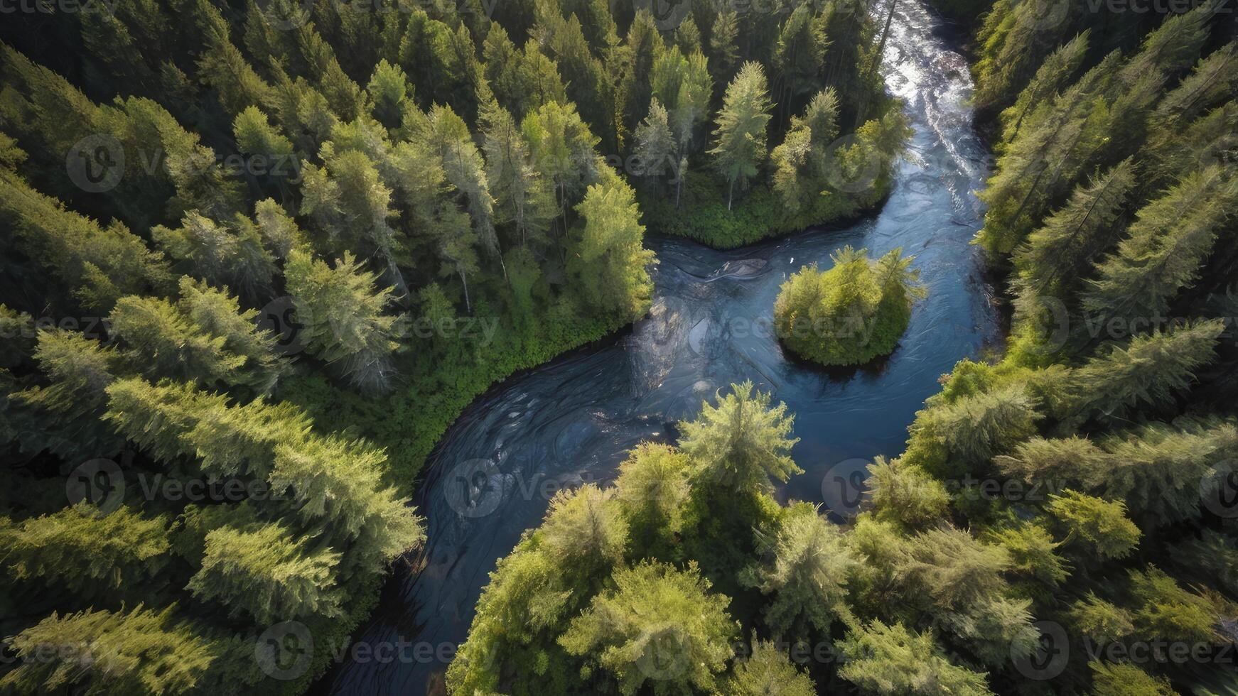 Aerial View of Winding River Flowing Through Forest with Small Island 58520481 Stock Photo at ...