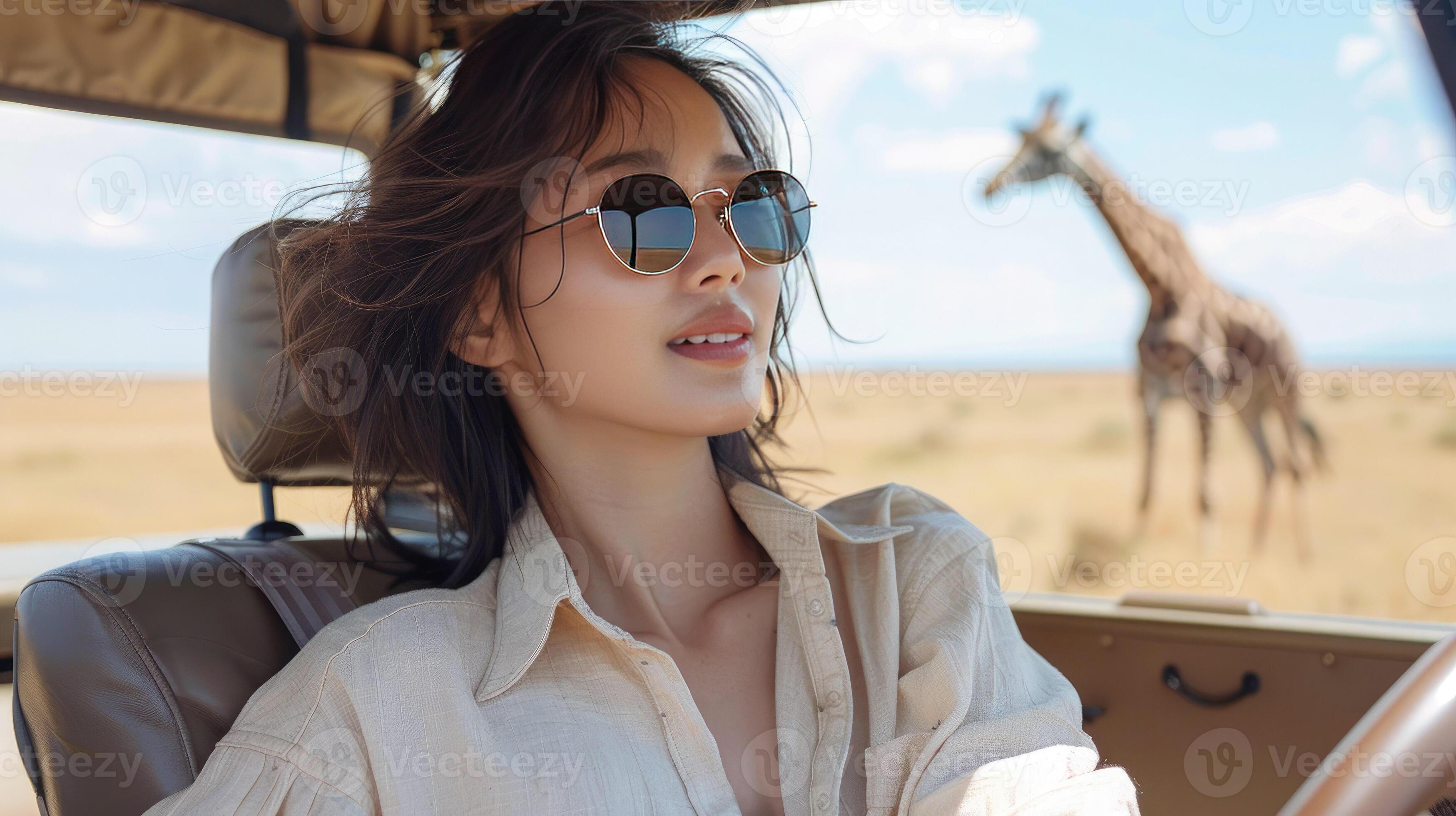 Young stylish Asian woman in sunglasses watching giraffe from car, SUV window during wild animal ...