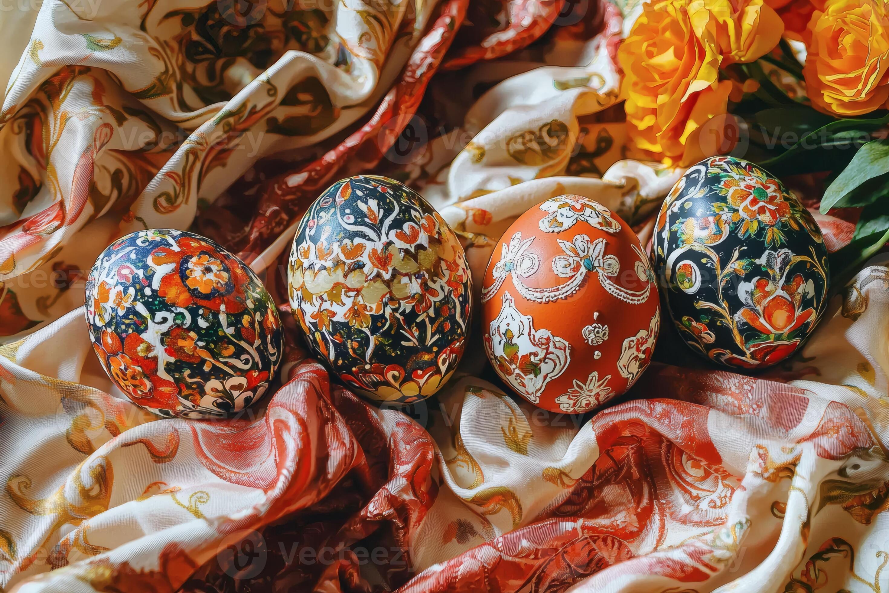 Colorful eggs on vibrant fabric showcase vintage art 58552292 Stock ...