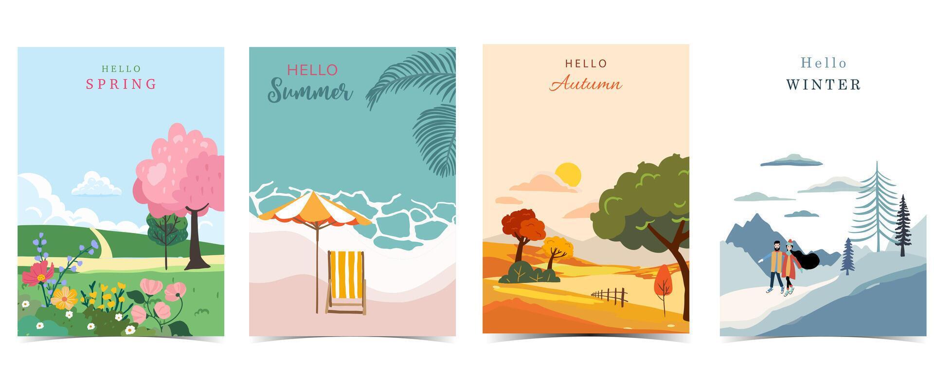 Four season landscape background with mountain and tree for a4 vertical ...