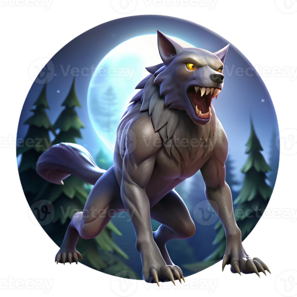 dramatic rustic A ferocious werewolf howling at the moon, surrounded by a dark forest ...