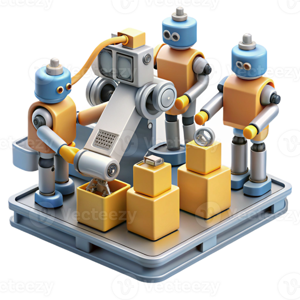 Vibrant Traditional A Group Of Robots Working In A Factory Automated