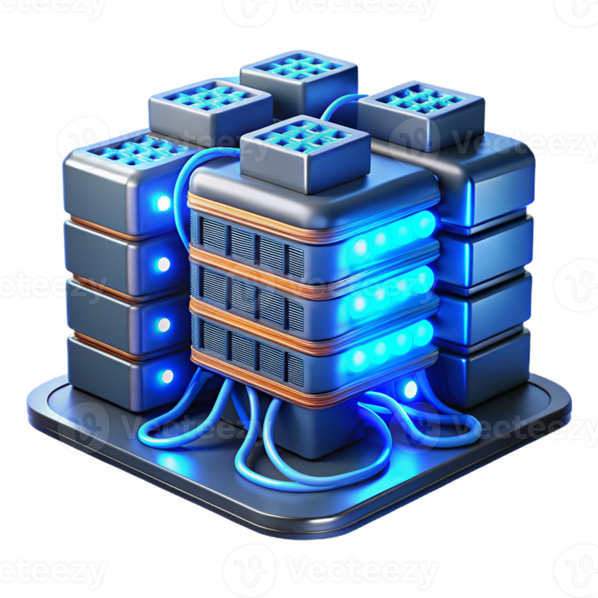 magnificent rustic A server farm with rows of blinking servers and tangled cables, bathed in the ...