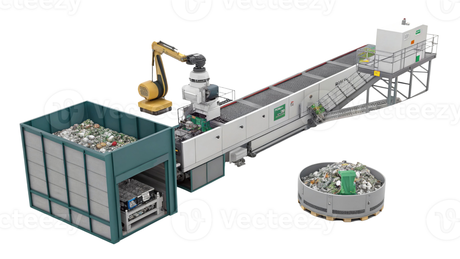 Automated waste sorting system with conveyor, robotic arm, and storage containers for efficient ...