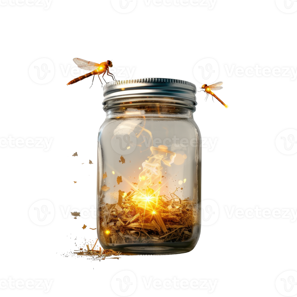 Magical jar with glowing light and fireflies creating a whimsical ...
