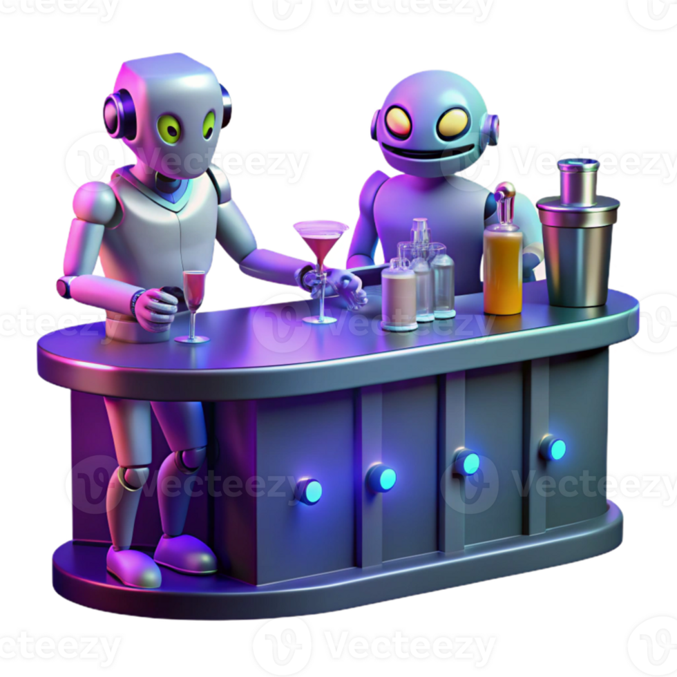 elegant minimalist A robotic bartender serves drinks to alien patrons in a futuristic bar. Dim ...