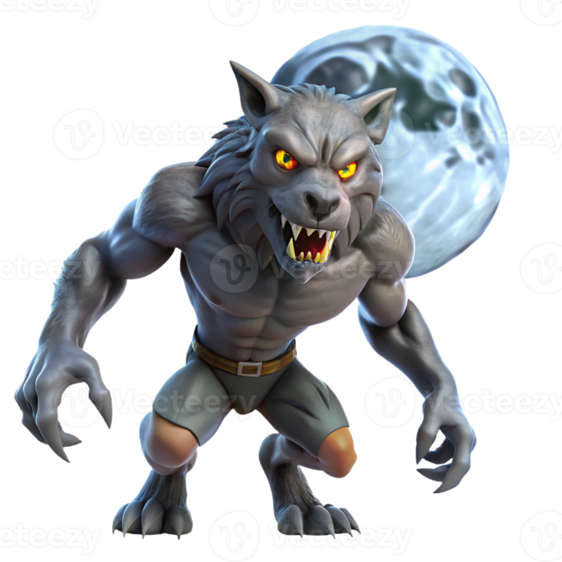 elegant minimalist A fearsome werewolf with glowing eyes and sharp claws, transforming under the ...