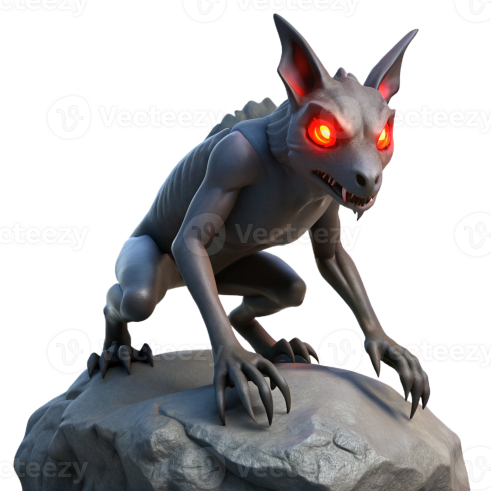 impressive traditional A mysterious Chupacabra with sharp claws and glowing red eyes, perched on ...