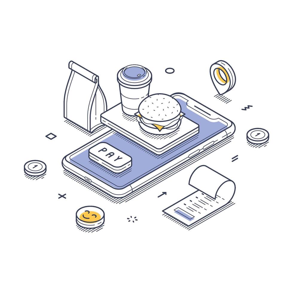 Fast food delivery service with mobile payment illustration in isometric line art style 58727538 ...