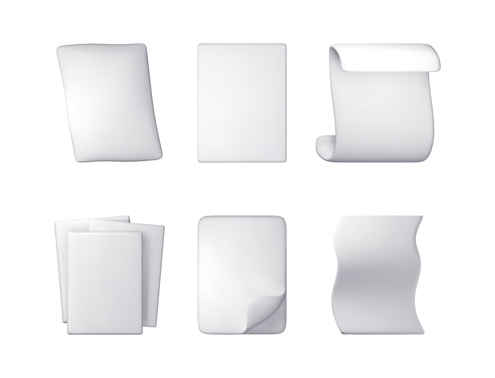 3d set of white blank paper pages isolated. Render collection of paper sheets with curled ...